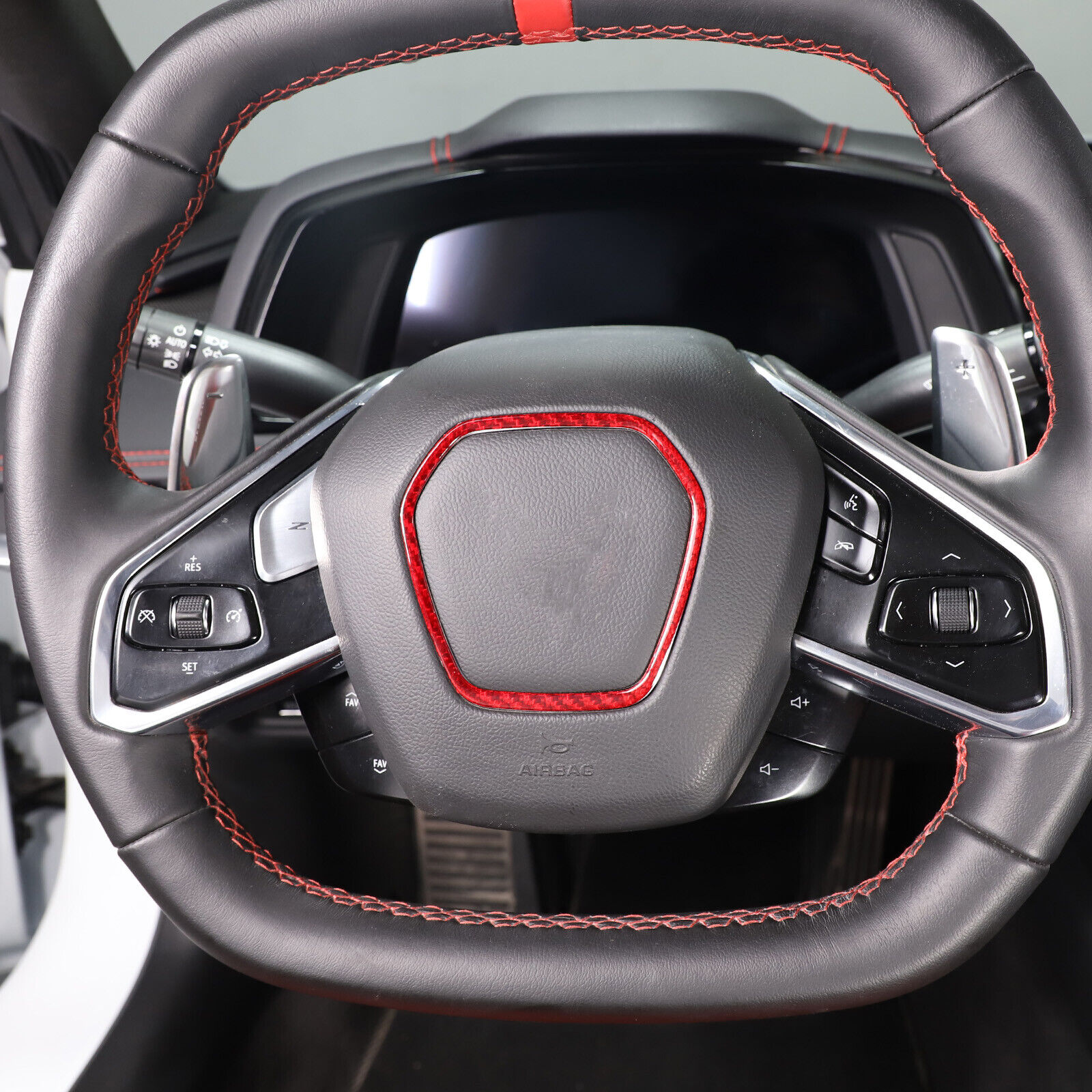 C8 Corvette Red Carbon Fiber Center Steering Wheel Chrome Trim Cover ...