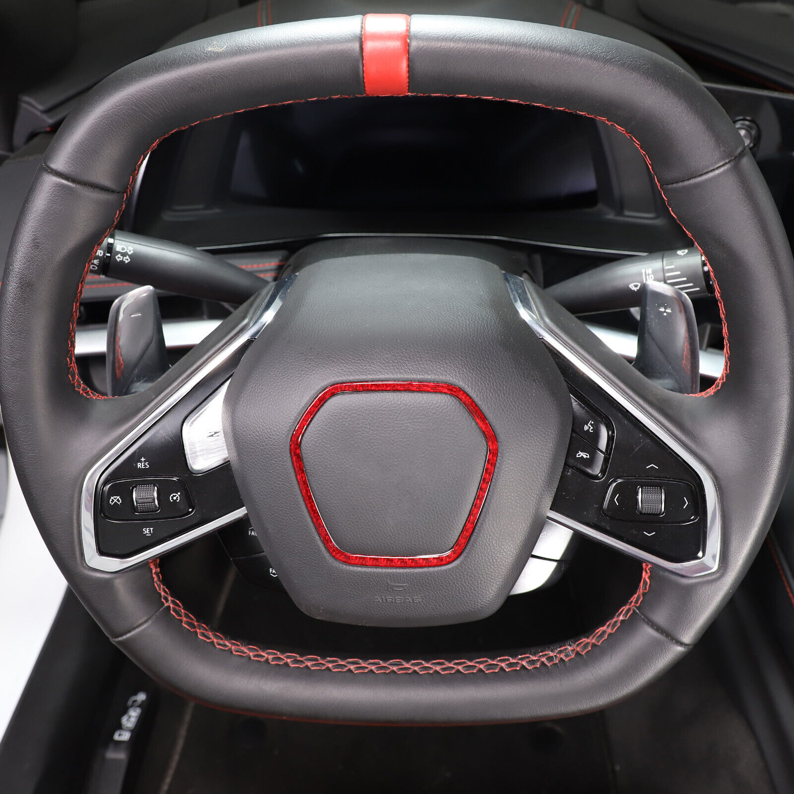 C8 Corvette Red Carbon Fiber Center Steering Wheel Chrome Trim Cover ...
